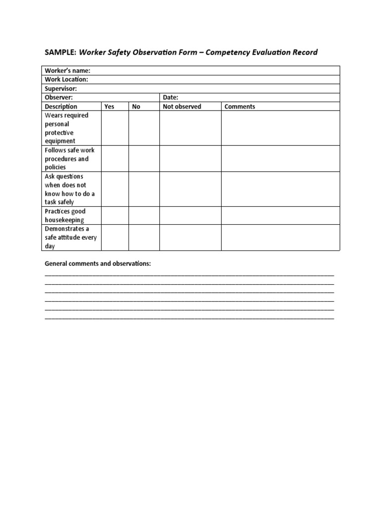 SAMPLE: Worker Safety Observation Form - Competency Evaluation Record ...