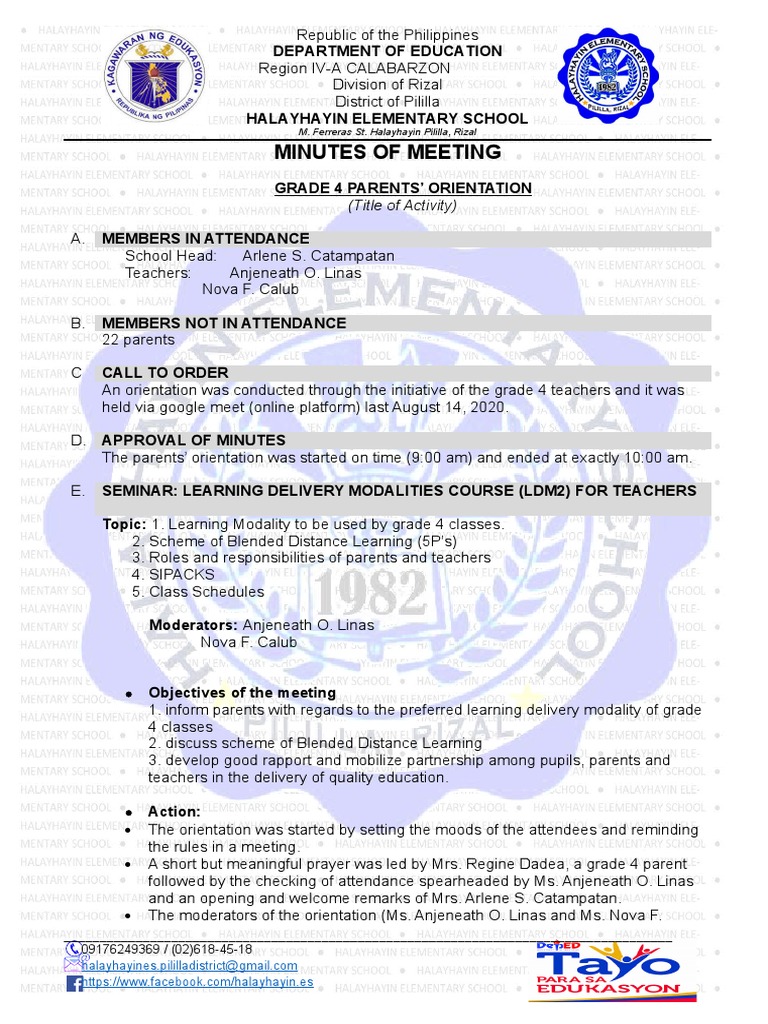 Minutes of Meeting-Grade 4 Parents' Orientation | PDF | Teachers ...