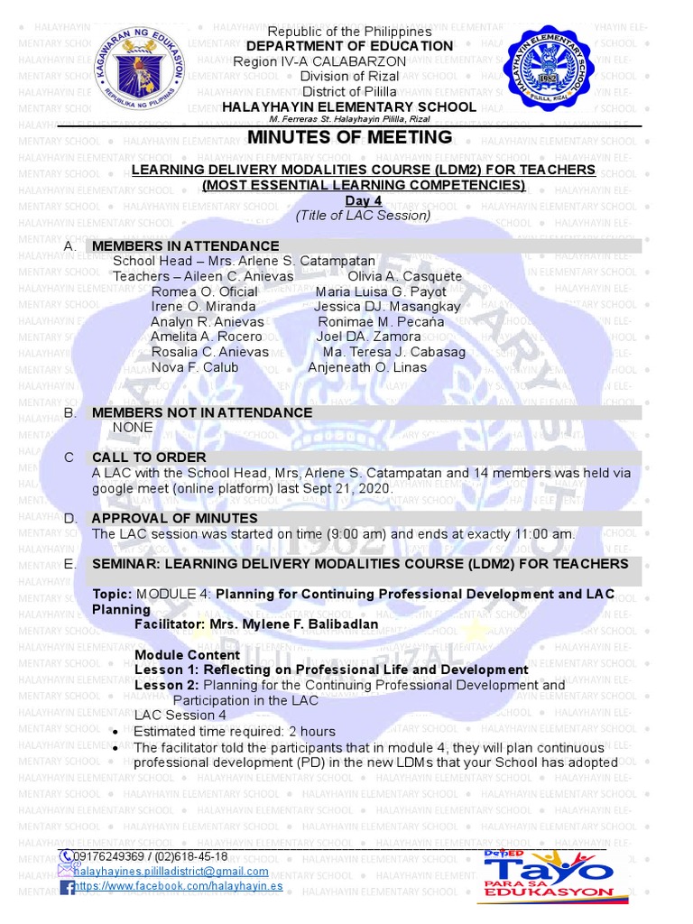 Minutes of Meeting: (Title of LAC Session) | PDF | Pedagogy | Teaching