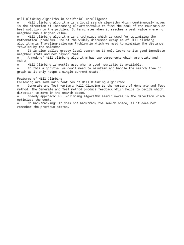 Hill Climbing Algorithm in Artificial Intelligence | PDF