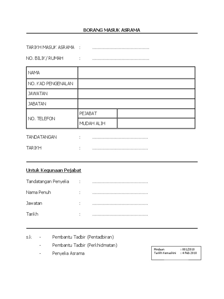 Borang Masuk Asrama 2021 | PDF