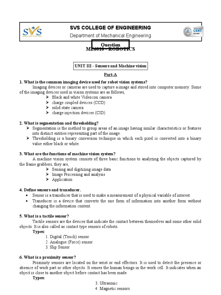 Robotics Unit-3 2-Marks | PDF | Computer Vision | Kinematics