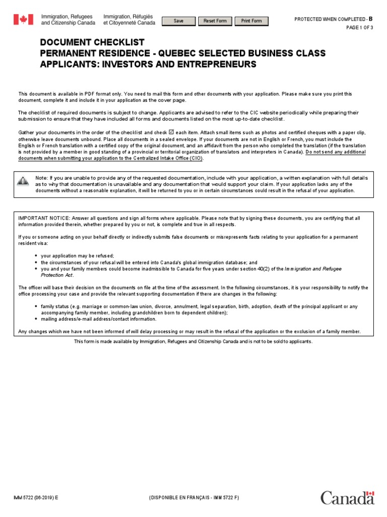 Document Checklist Permanent Residence - Quebec Selected Business Class ...