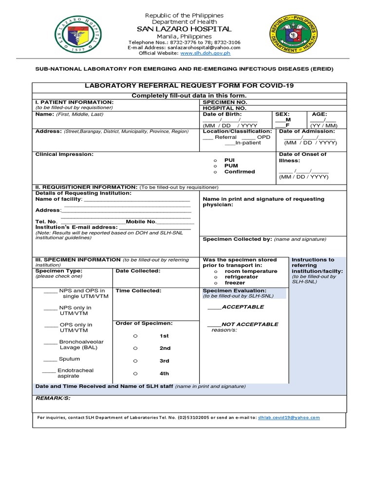 Laboratory Referral Request Form For Covid-19: San Lazaro Hospital ...