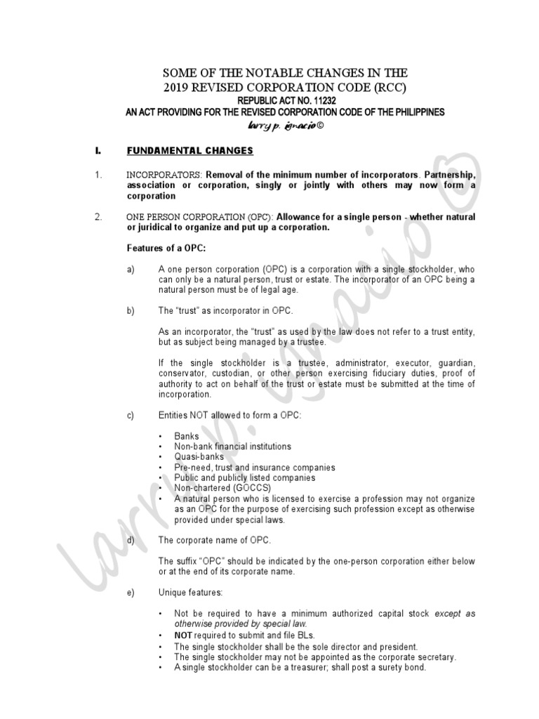 Some of The Notable Changes in The 2019 Revised Corporation Code (RCC ...