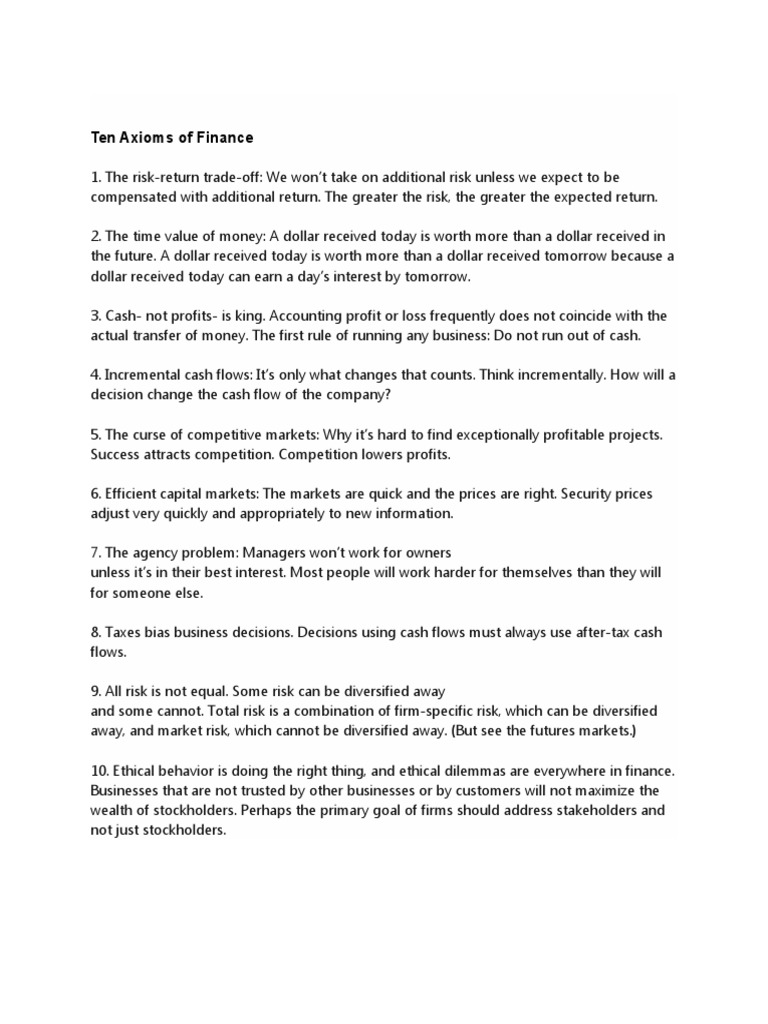 Ten Axioms of Finance Explained | PDF | Business | Finance & Money ...