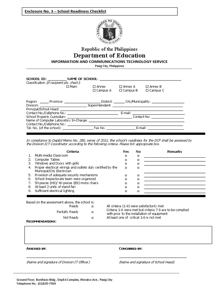 ENC 003 School Readiness Checklist 1 | PDF | Electricity | Electrical ...