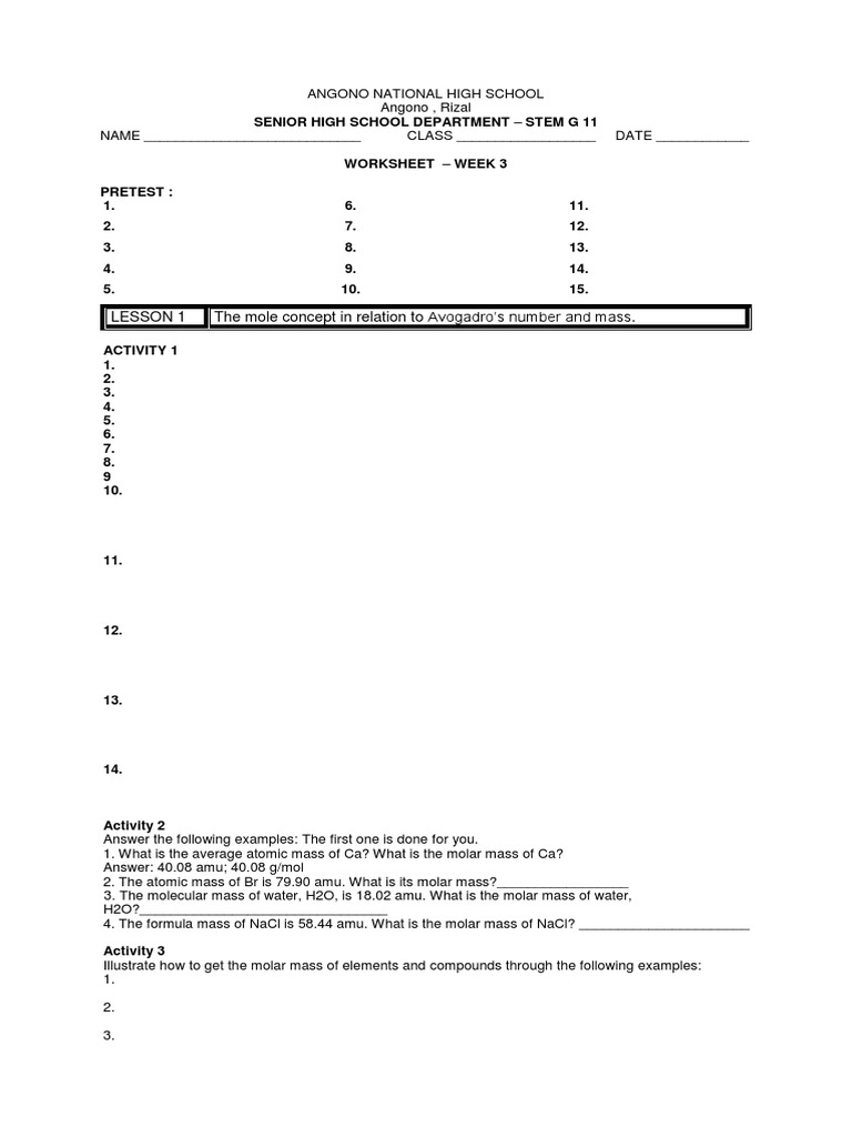 WEEK 3 WORKSHEET Gen Chem | PDF | Mole (Unit) | Physical Quantities