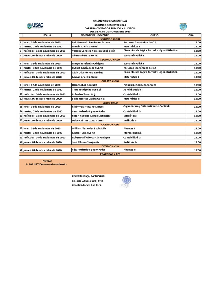 Calendario EXAMEN FINAL 2do. Sem. 2020 PDF | PDF | Negocios económicos | Servicios financieros