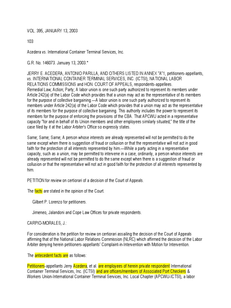 Acedera vs. International Container Terminal Services, Inc | PDF | Intervention (Law) | Employment