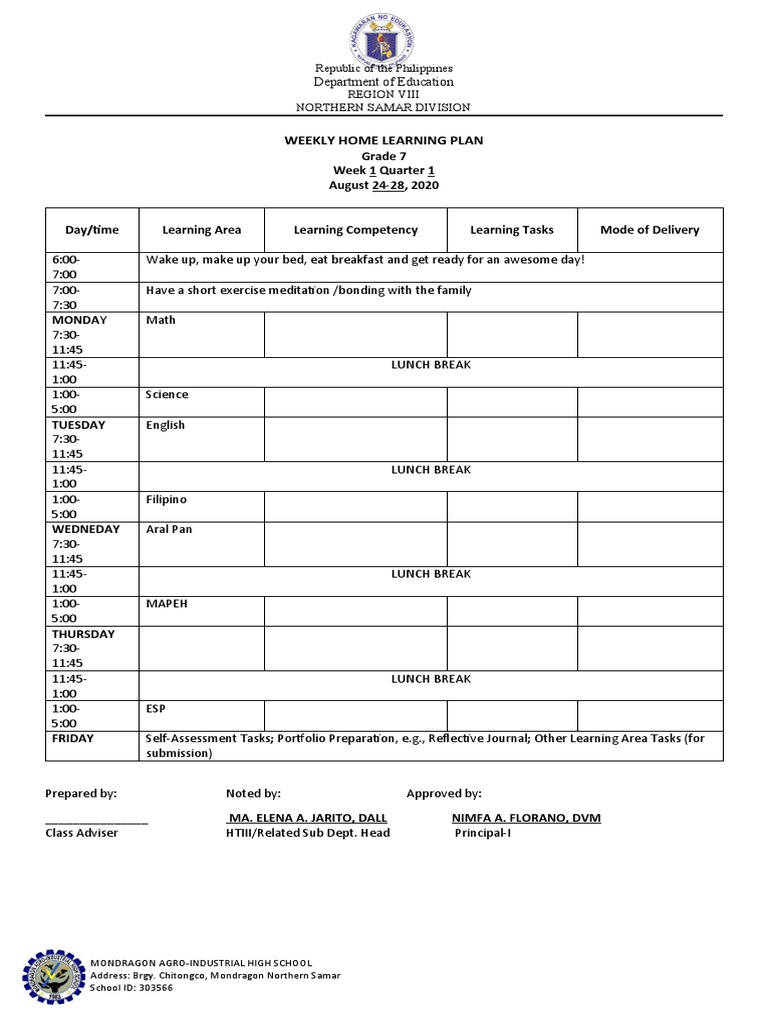 Weekly Home Learning Plan: Grade 7 Week 1 Quarter 1 August 24-28, 2020 ...