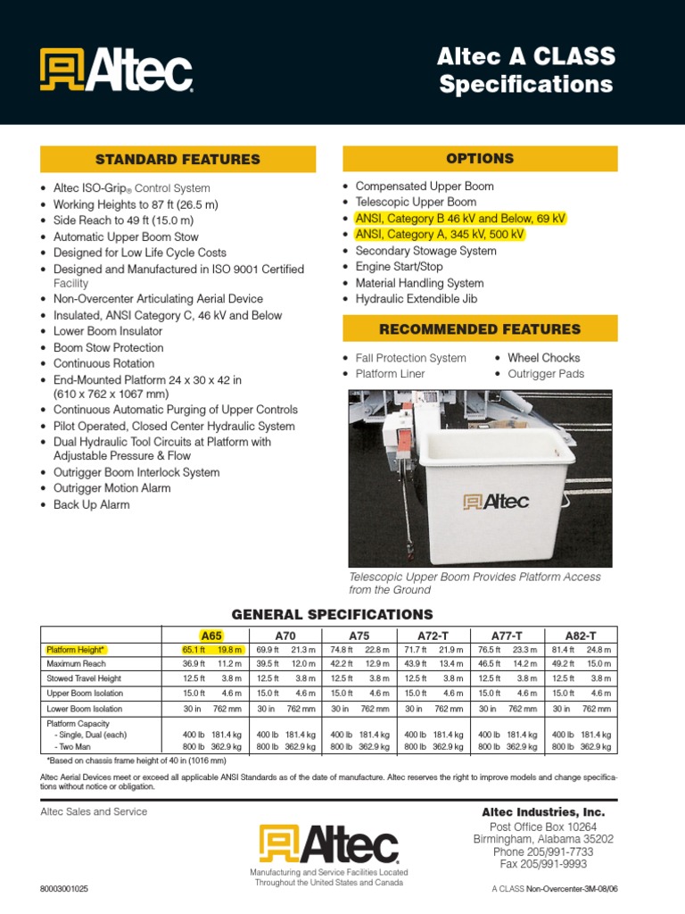 Altec A Class Specifications: Standard Features Options | PDF ...
