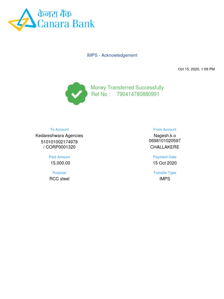 Money Transferred Successfully Refno: 790414780880991: Imps ...