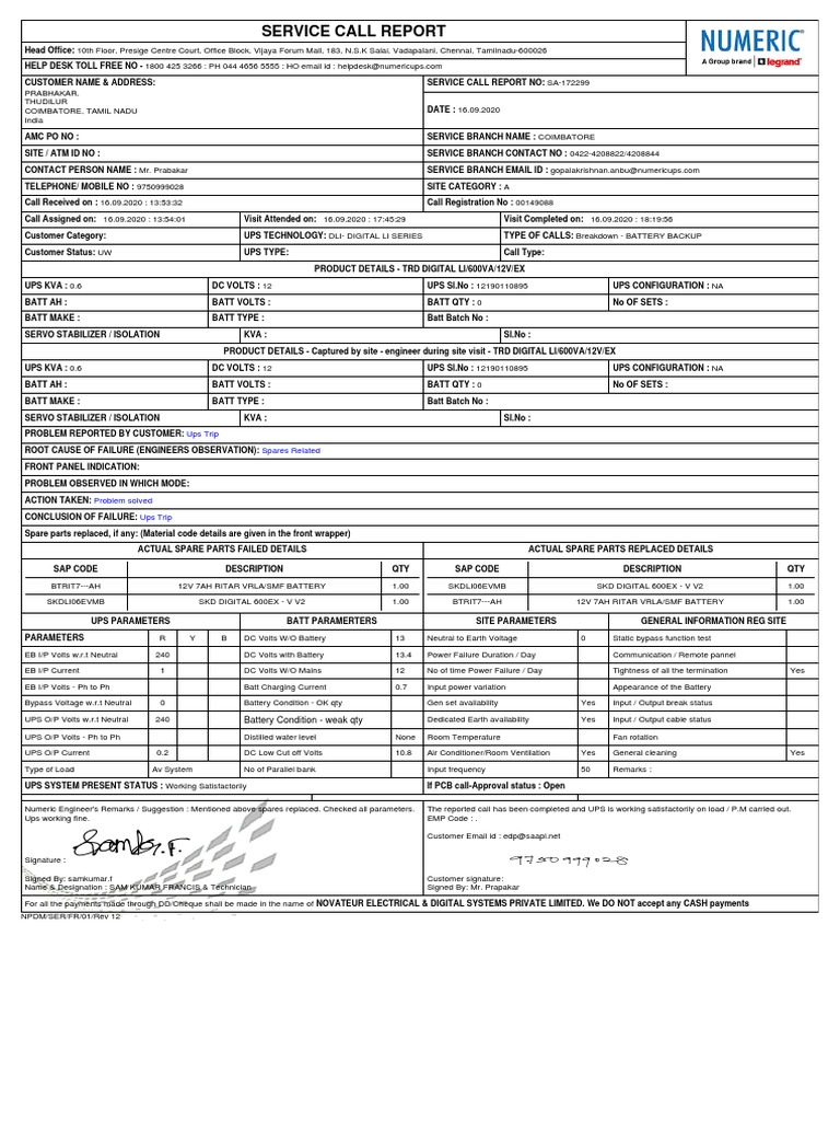 Service Call Report: Ups Trip Spares Related | PDF | Electric Power ...