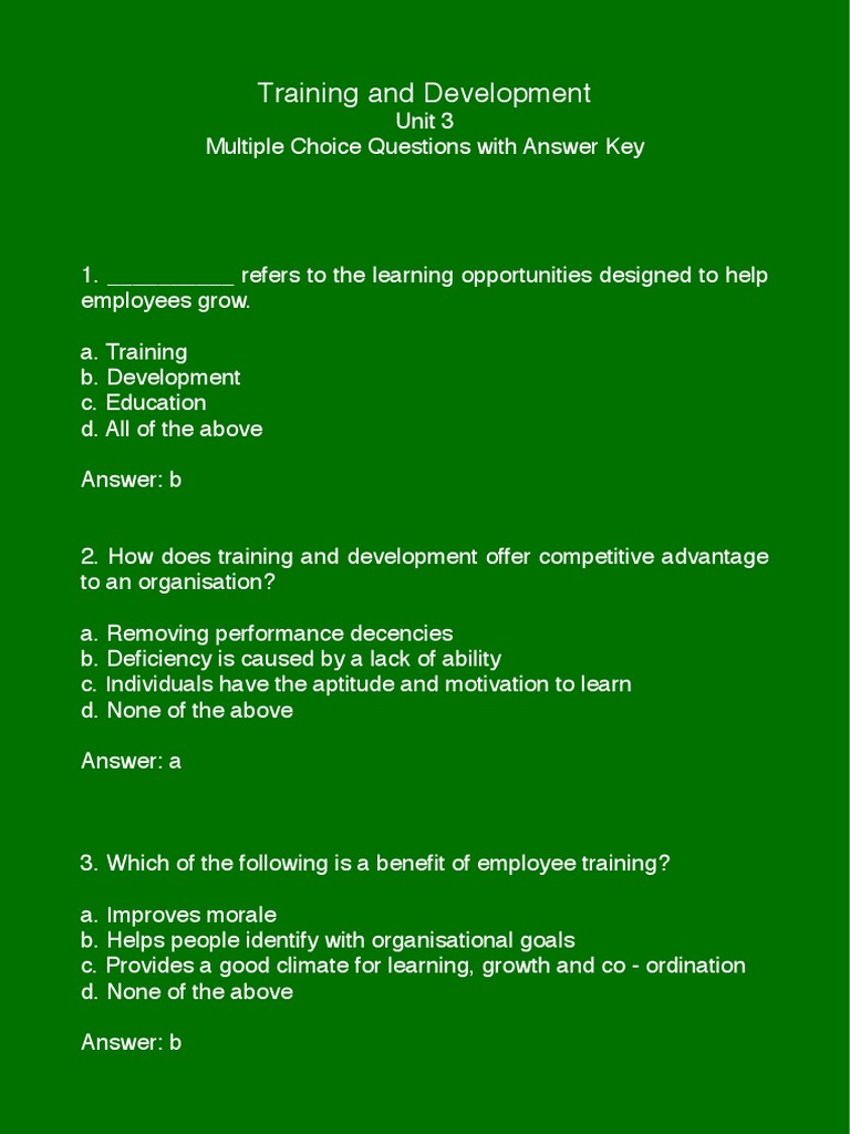 Training and Development MCQs with Answers | PDF | Needs Assessment | Goal