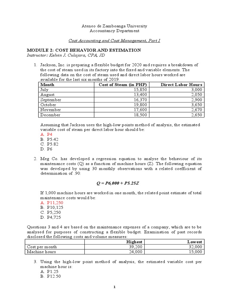 Module 2 - Cost Behavior and Estimation - With Answers | PDF | Cost ...