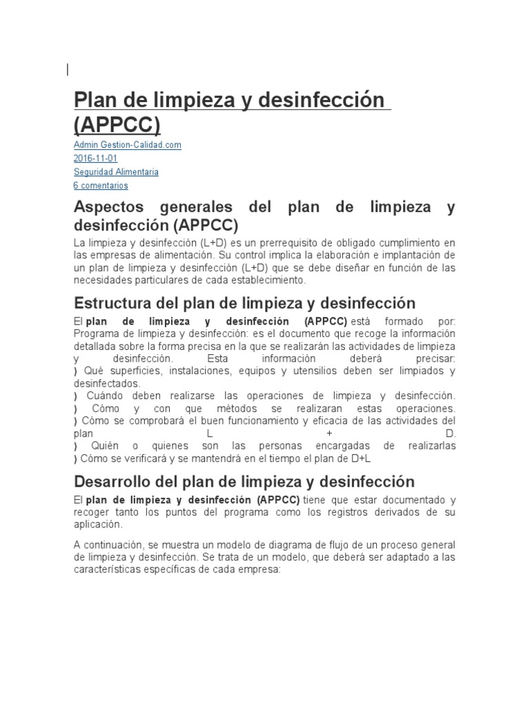 Plan de Limpieza y Desinfección | PDF | Análisis de Riesgo y Puntos Críticos de Control | Detergente