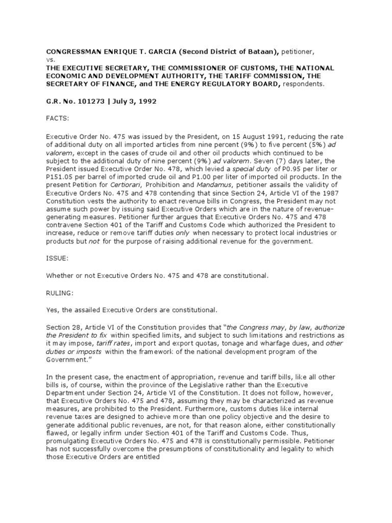 Sec 28 - 3A - Garcia V Executive Secretary | PDF | Executive Order | Tariff