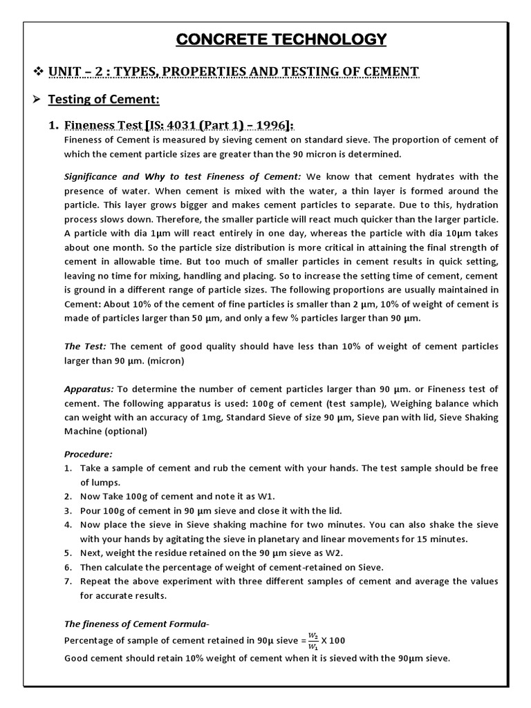 Concrete Technology: Unit - 2: Types, Properties and Testing of Cement ...