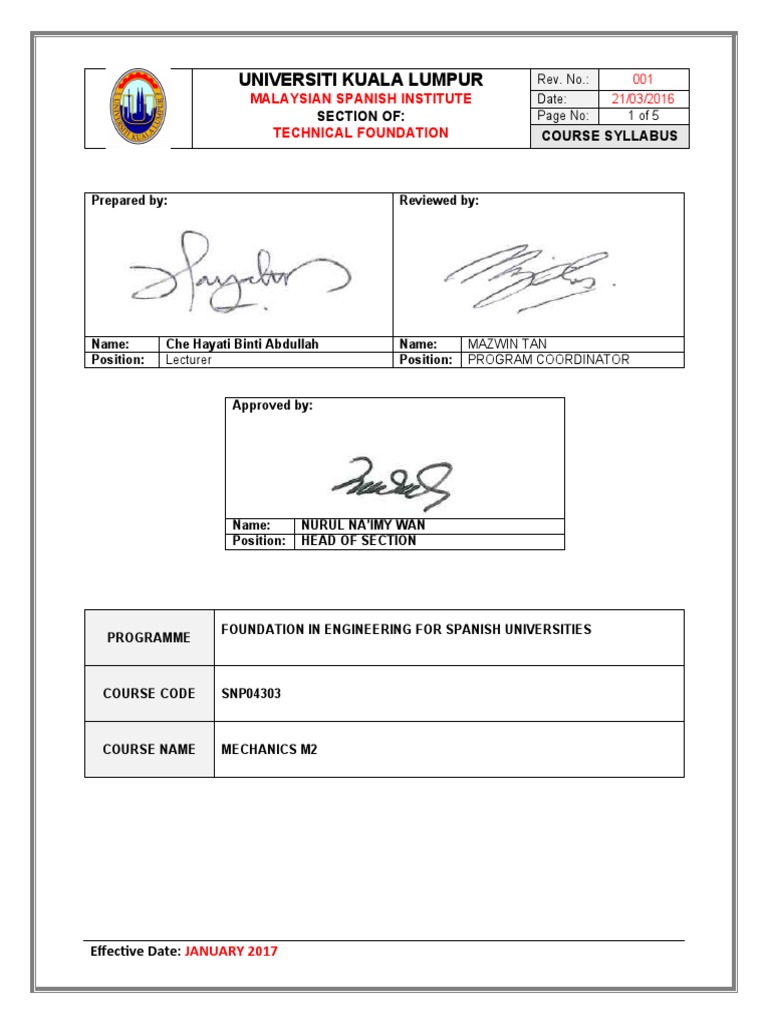 Course Syllabus for Mechanics M2: Foundation in Engineering for Spanish ...