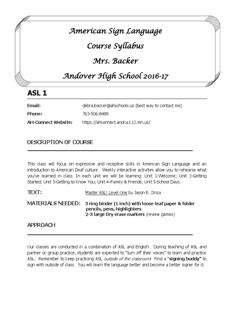 ASL 1 Course Syllabus Overview | PDF | American Sign Language ...