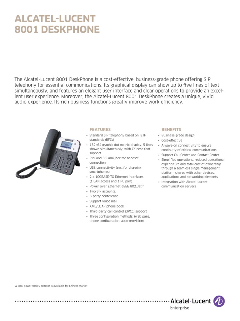 Alcatel-Lucent 8001 Deskphone: Features Benefits | PDF | Session Initiation Protocol | Internet ...