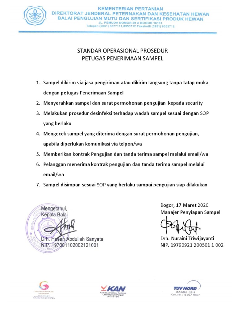 Sop Penerimaan Sampel | PDF