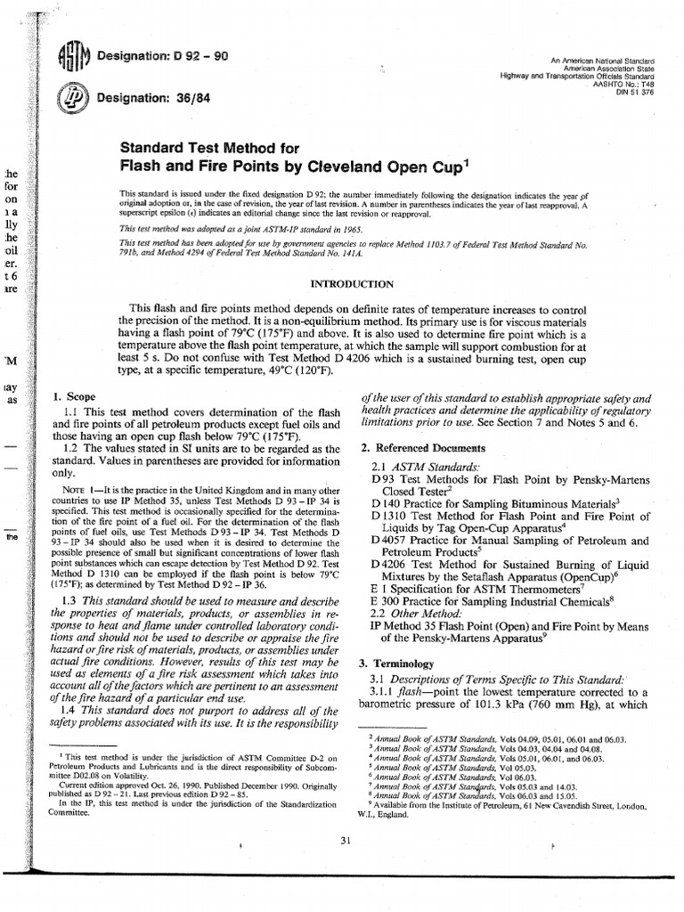 ASTM D92 - 90 Flash and Fire Point by Cleveland Open Cup PDF | PDF