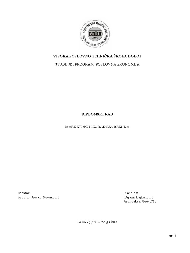 Stvaranje Brenda Primjenom Marketinga - Diplomski Dijana | PDF