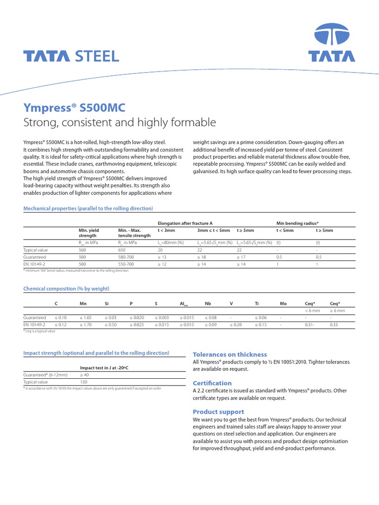 Tata Steel - YMPRESS S500MC - Data Sheet | PDF | Engineering Tolerance ...