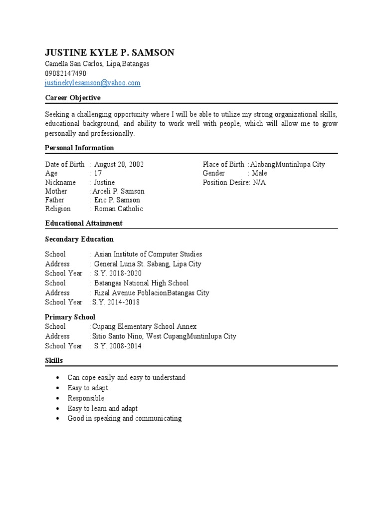 Justine Samson Resume Lipa Batangas Student | PDF
