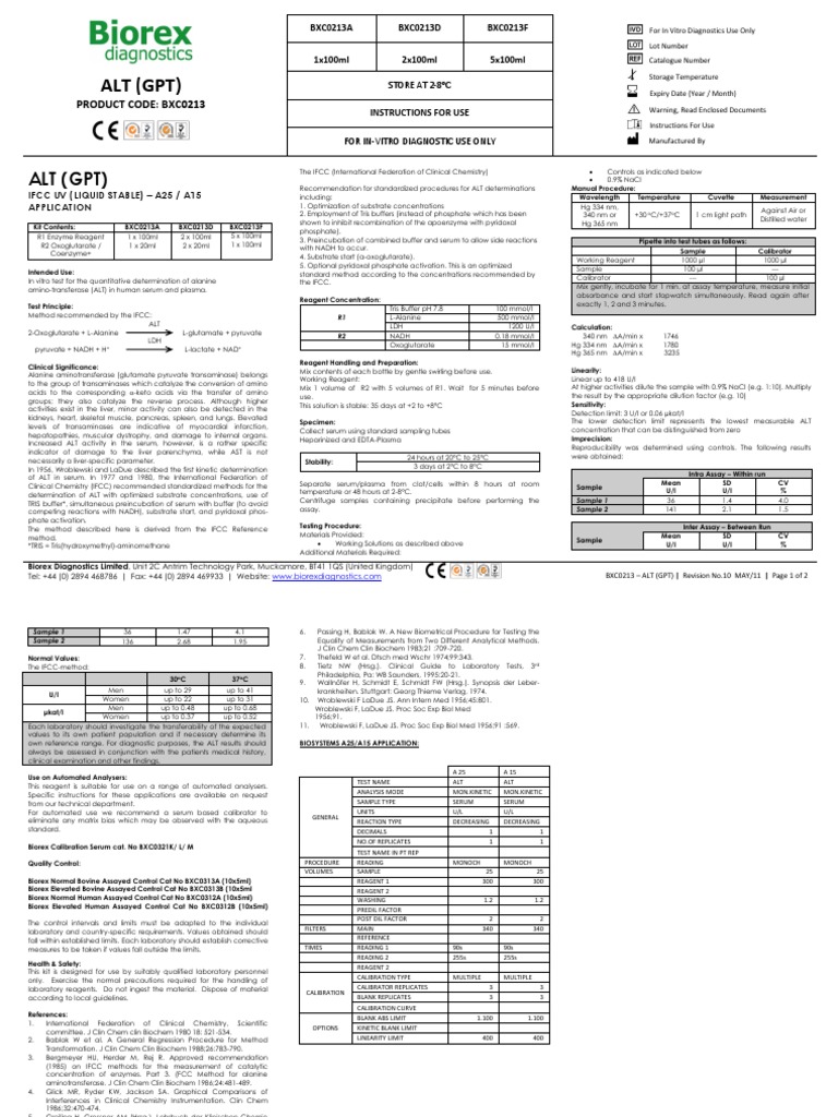 Alt (GPT) Ifcc LS BXC0213 A25 A15 PDF | PDF | Transaminase | Alanine