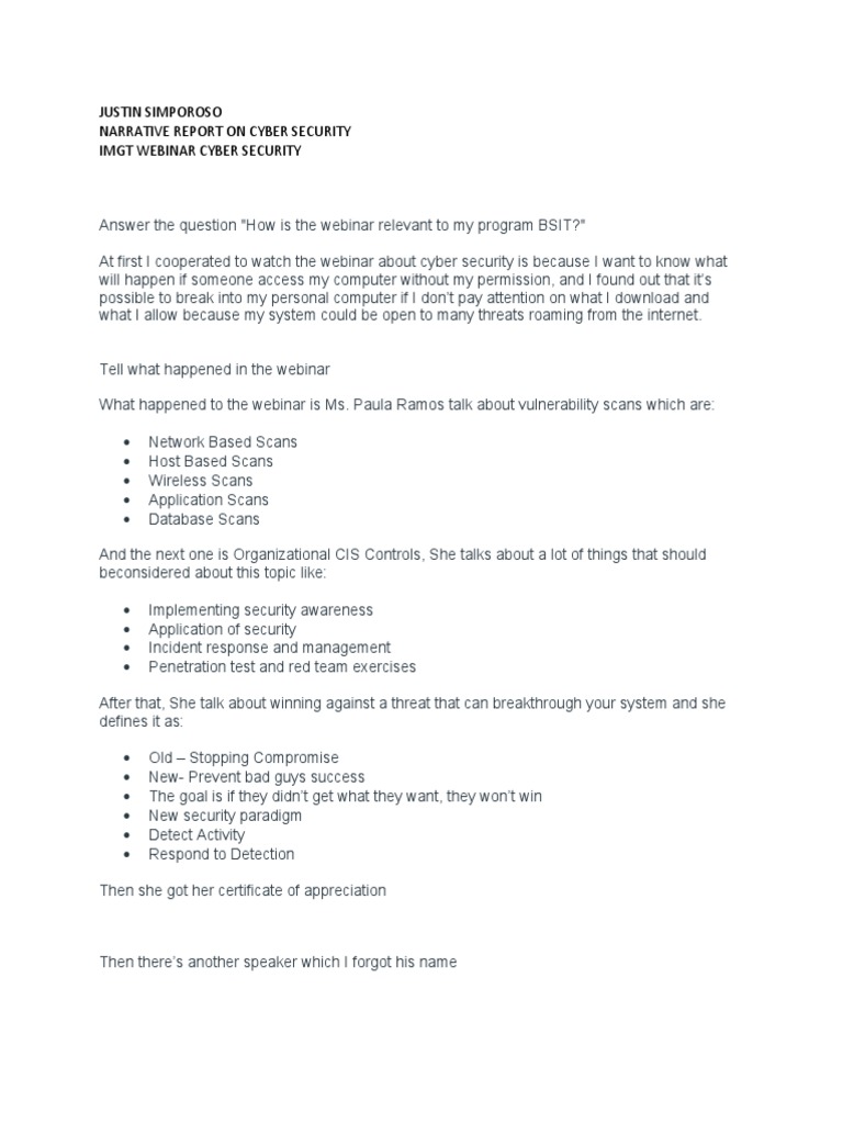 Narrative Report - Cyber Security - IMGT211. | PDF