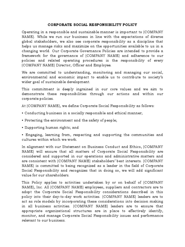 Corporate Social Responsibility Policy | PDF | Corporate Social ...