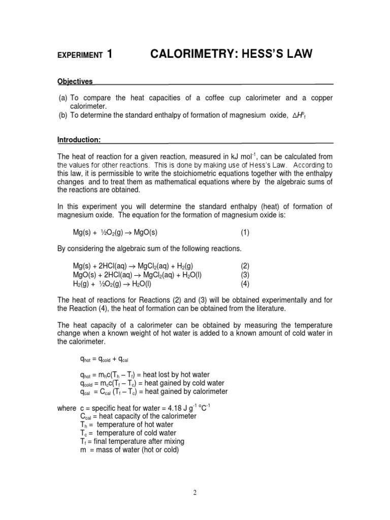 Experiment 1 - Calorimetry - Hess's Law | PDF | Physical Chemistry ...