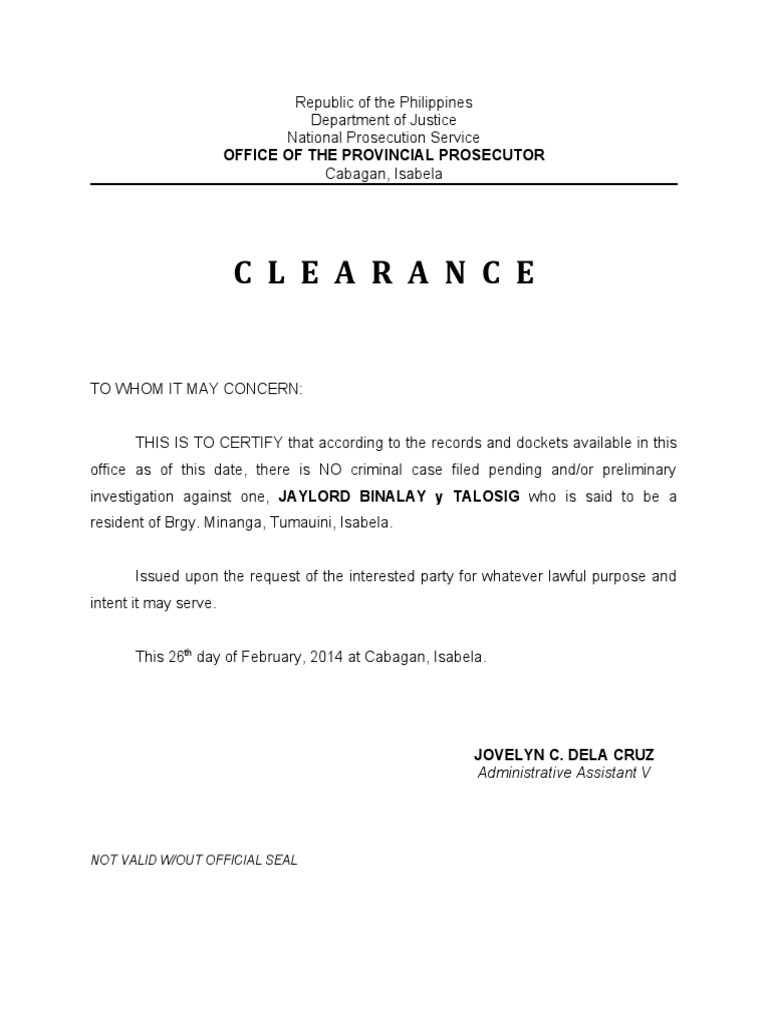 Certificates of Clearance from the Office of the Provincial Prosecutor ...