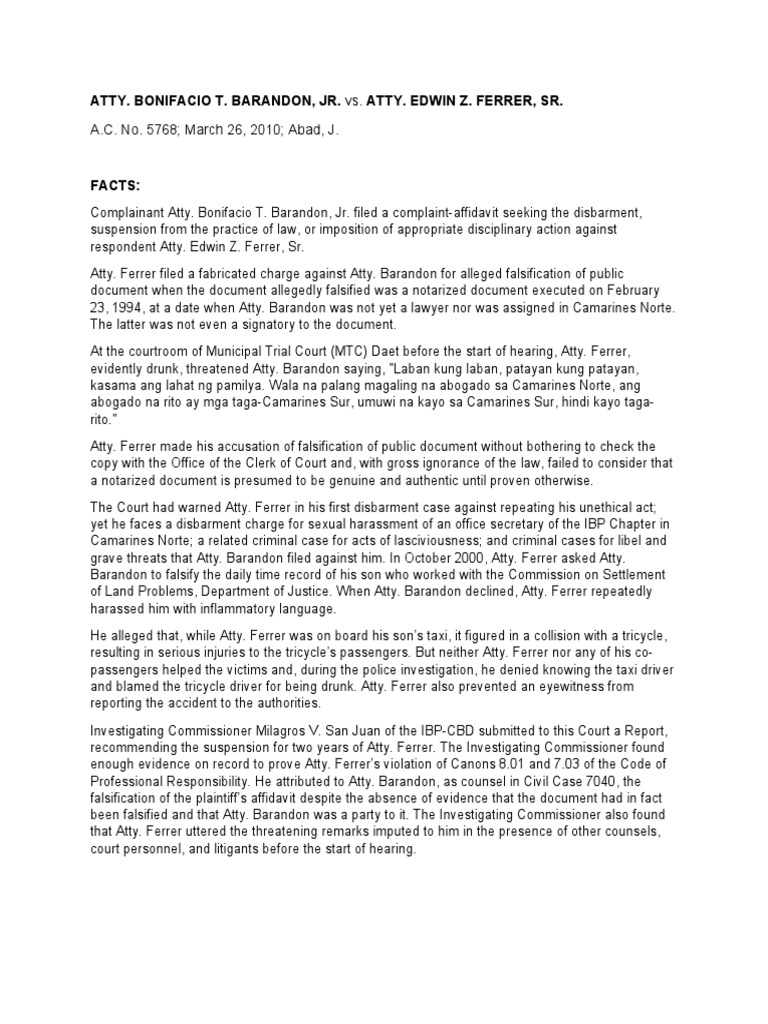 1018 ATTY. BONIFACIO T. BARANDON, JR. vs. ATTY. EDWIN Z. FERRER, SR ...