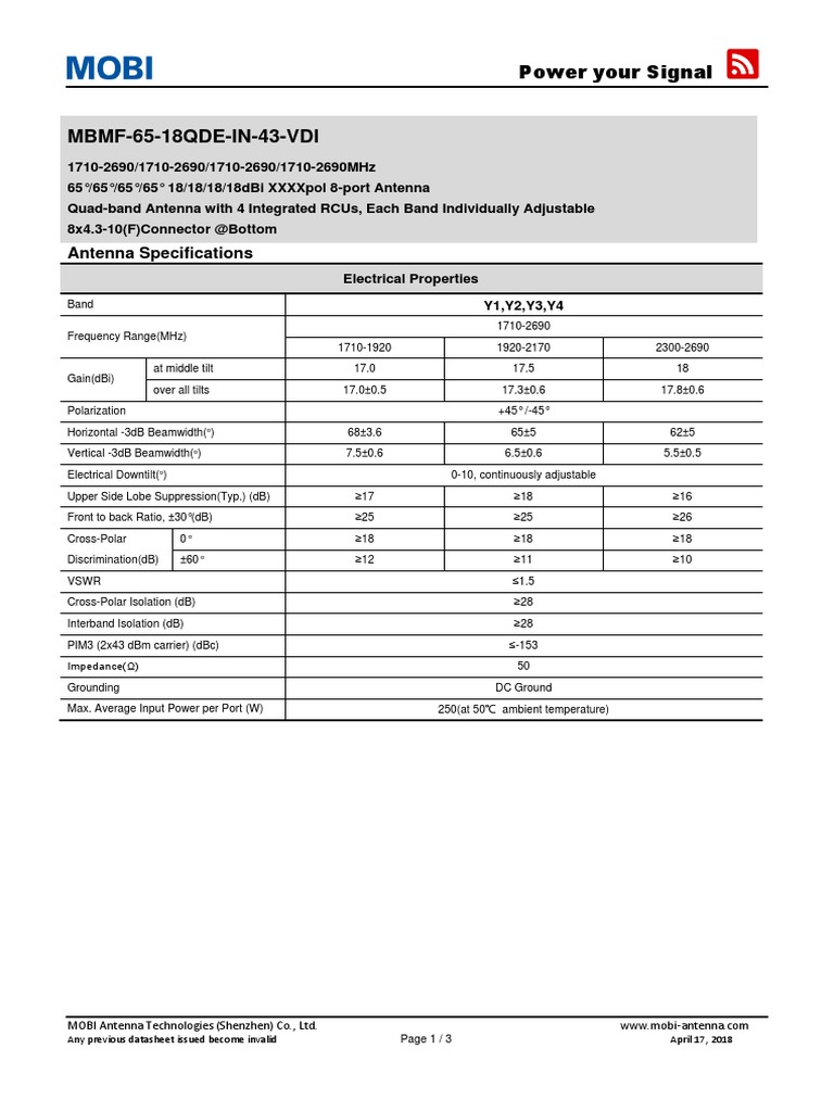 8 Port Mbmf-65-18qdde-S-In-Tsl | PDF | Antenna (Radio) | Decibel
