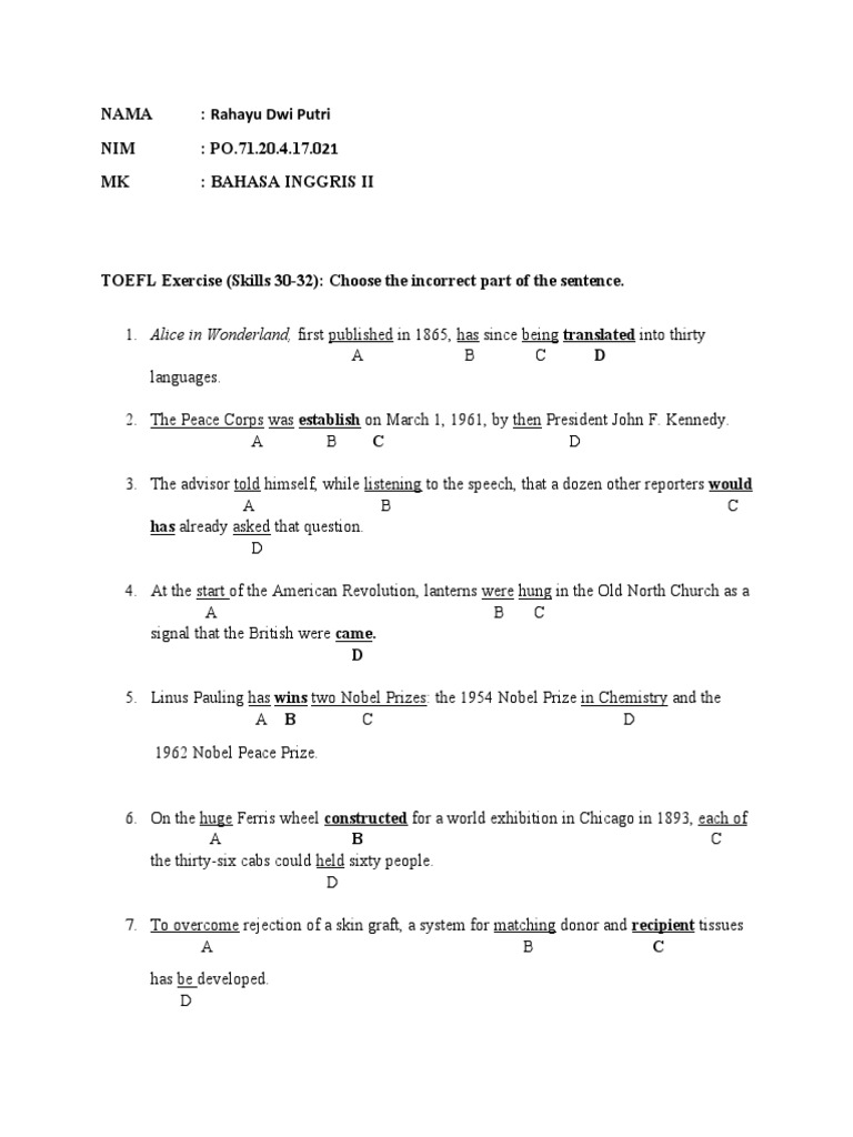 TOEFL Exercise on Identifying Incorrect Parts of Sentences | PDF