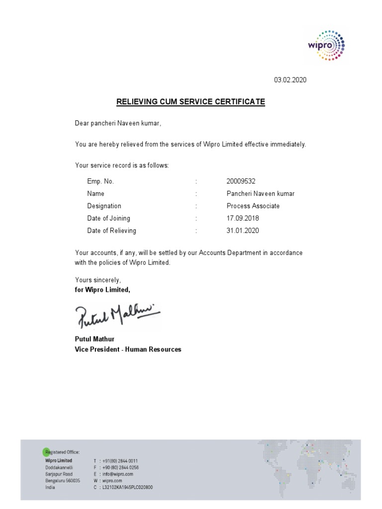 Relieving Cum Service Certificate PDF | PDF