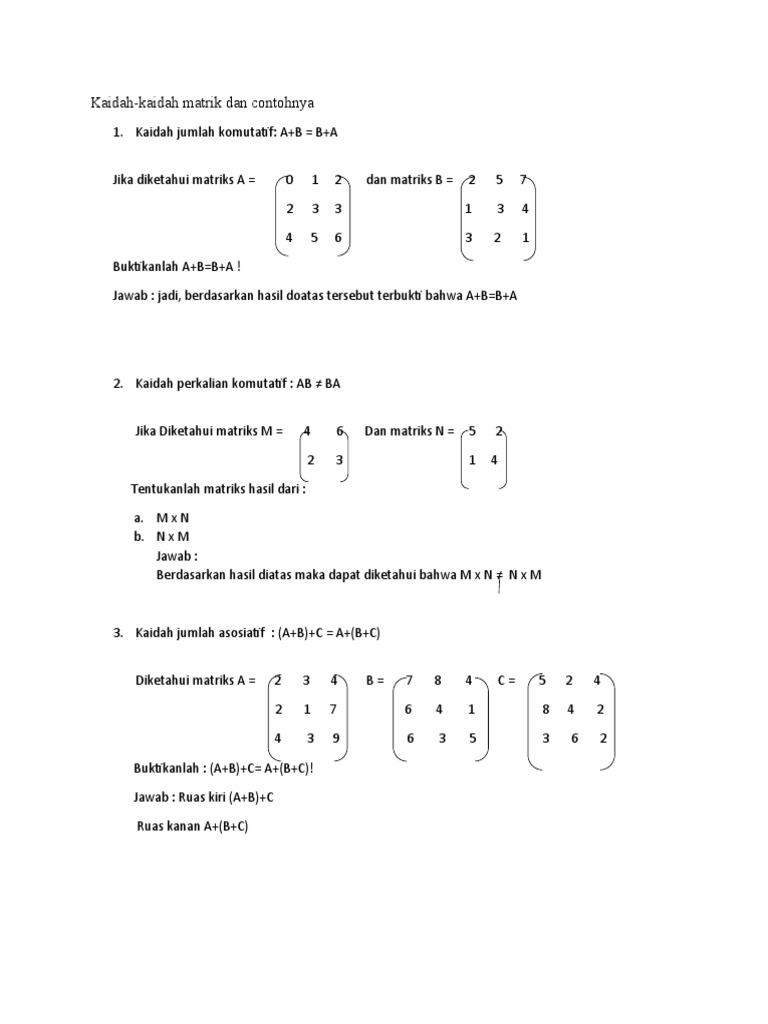 Kaidah dan Contoh Perkalian Matriks | PDF