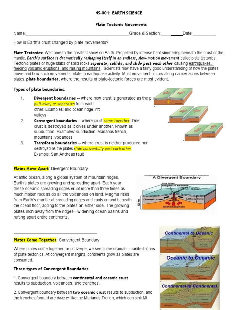 Plate Tectonic Movements WS | PDF | Plate Tectonics | Geological Processes