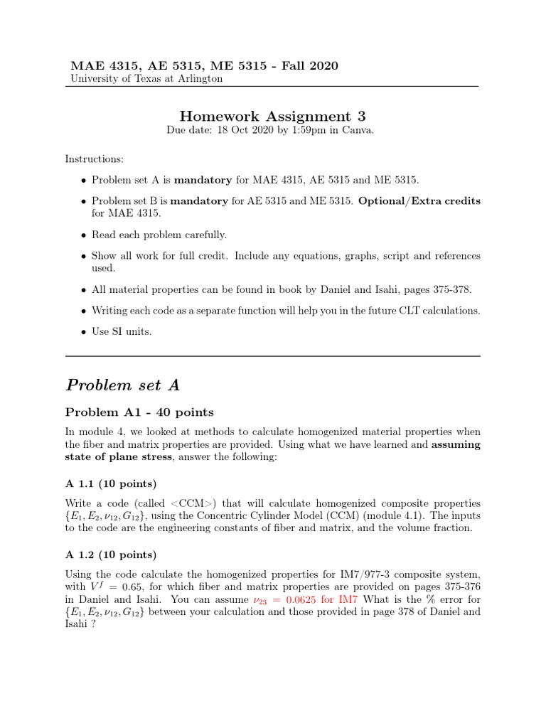 Homework Assignment 3: MAE 4315, AE 5315, ME 5315 - Fall 2020 | PDF ...