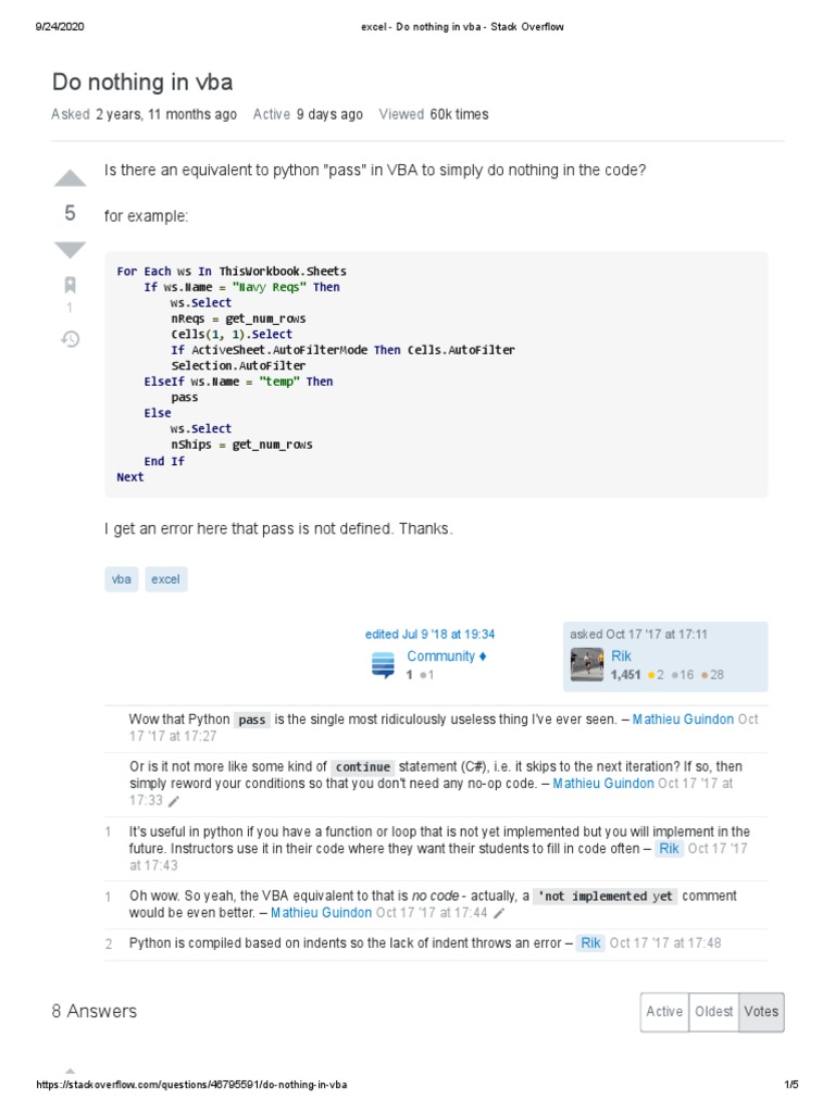 Excel Do Nothing In Vba Stack Overflow Pdf Computer Engineering Computer Programming
