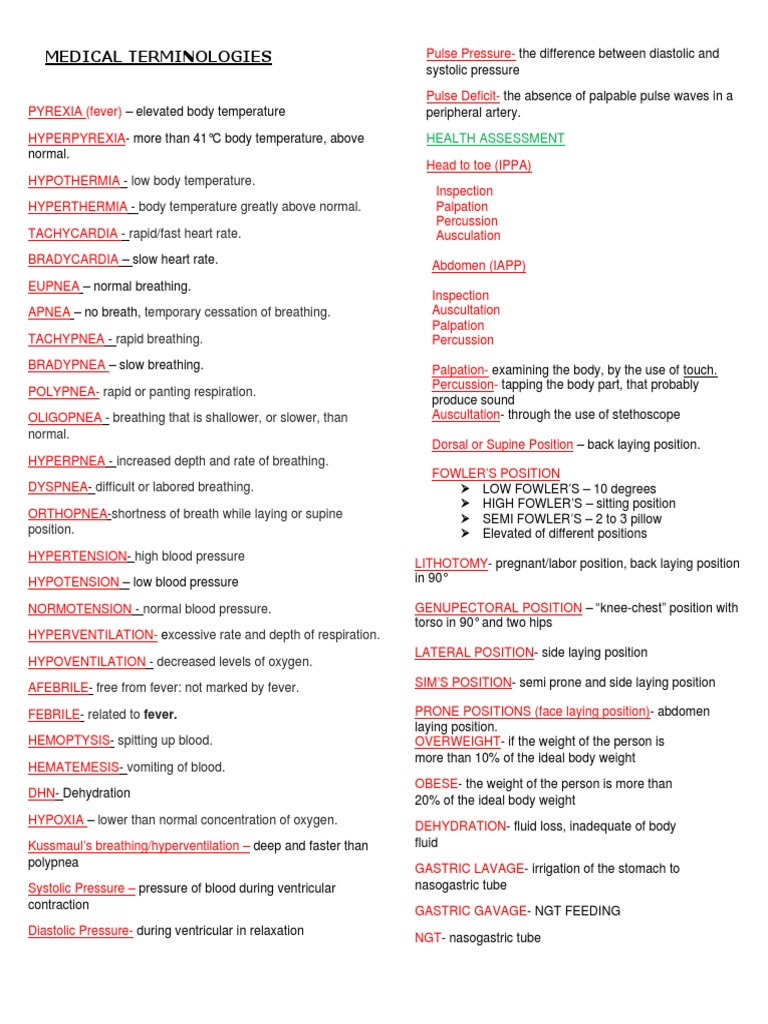 Medical Terminologies: Health Assessment | PDF | Blood | Blood Pressure