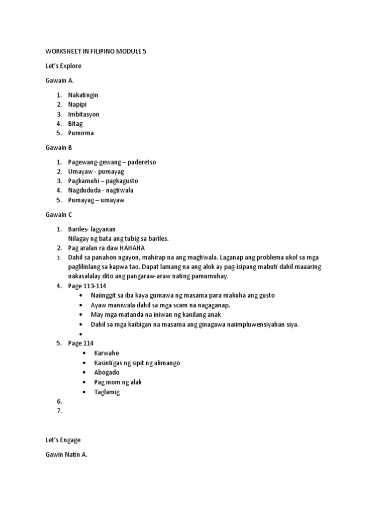Worksheet in Filipino Module 5 | PDF