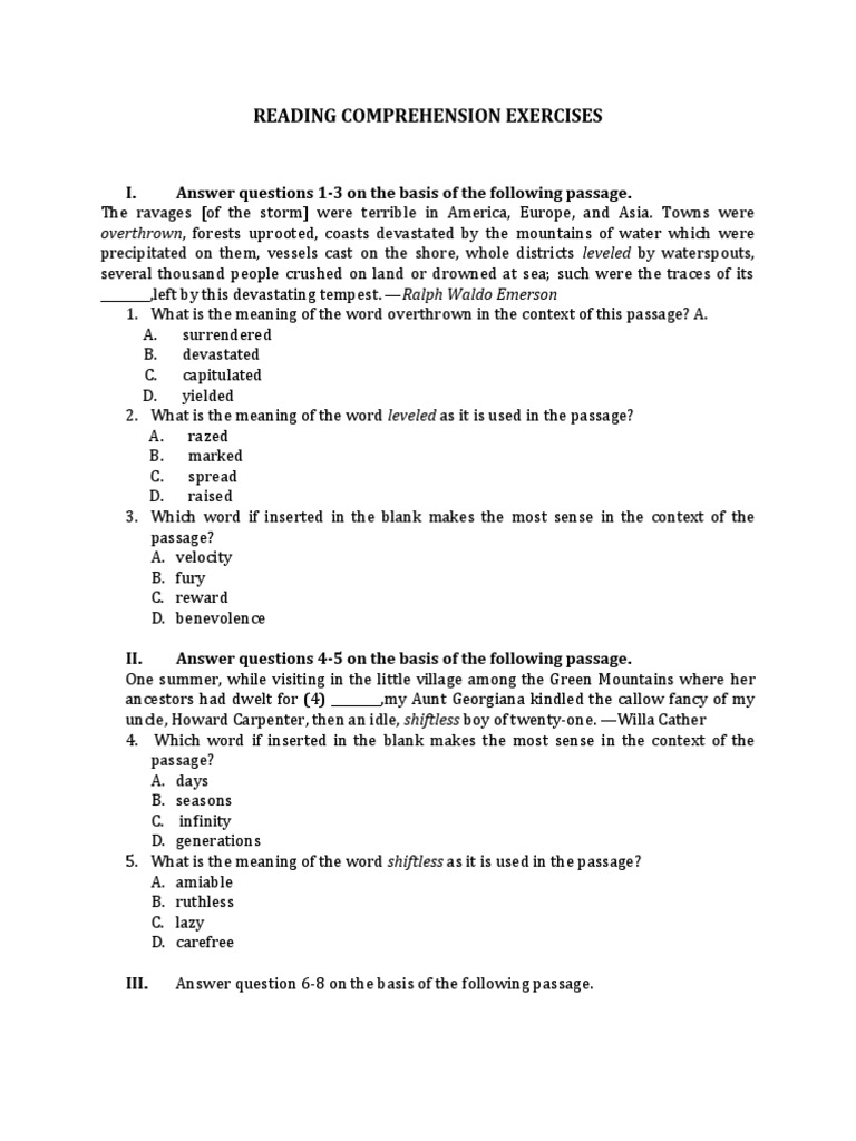 Reading Comprehension Exercises: I. Answer Questions 1-3 On The Basis ...
