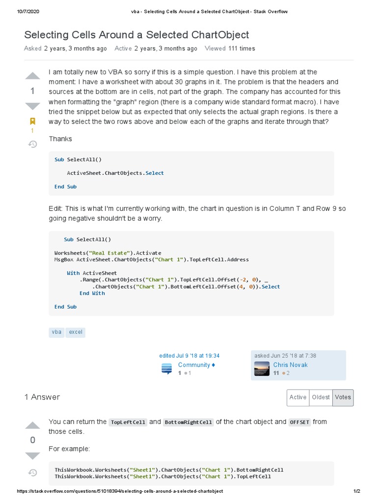 Vba Selecting Cells Around A Selected Chartobject Stack Overflow Pdf Computer