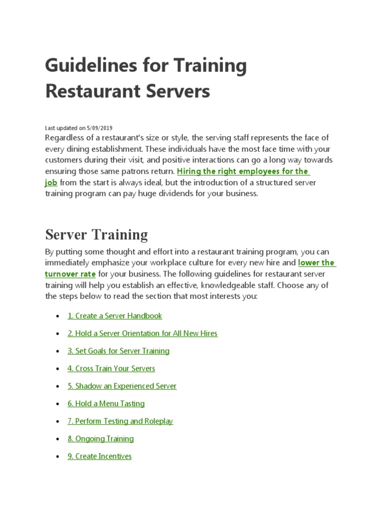 Guidelines For Training Restaurant Servers | PDF | Waiting Staff | Menu
