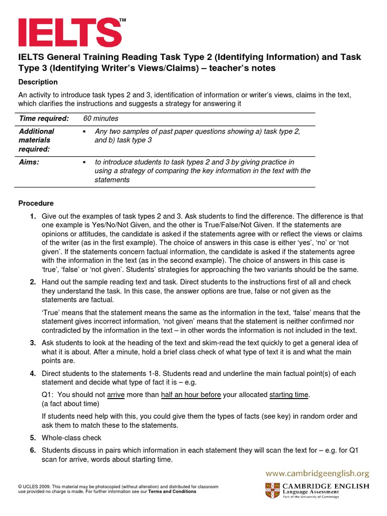 IELTS General Training Reading Task Type 2 (Identifying Information) and Task Type 3 ...